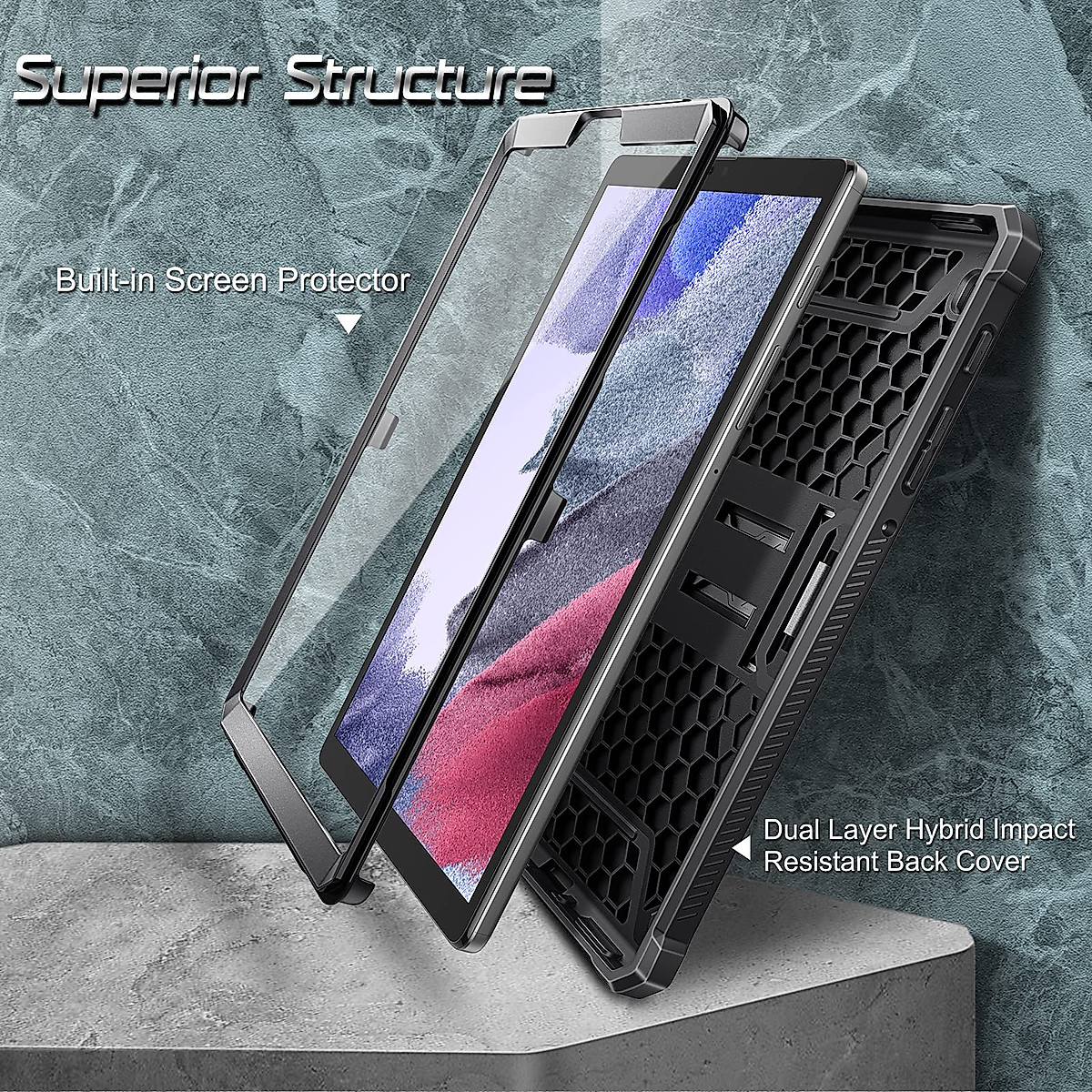 Fintie Shockproof Case for Samsung Galaxy Tab A7 Lite 8.7 Inch 2021 Model (SM-T220/T225/T227), Tuatara Rugged Unibody Hybrid Full Protective Bumper Kickstand Cover w/Built-in Screen Protector, Black