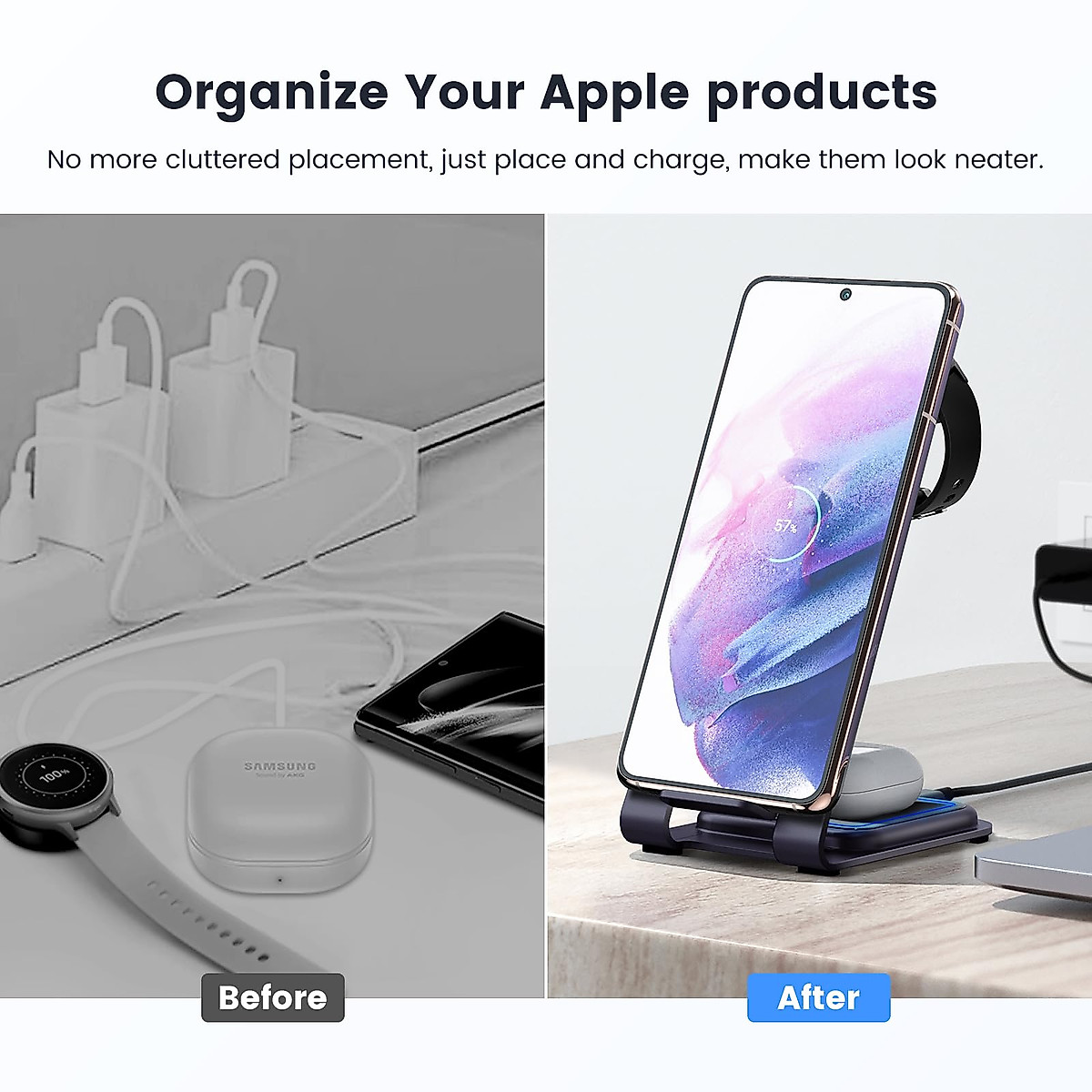 3 in 1 Wireless Charging Station, LEKOYE Aluminum Alloy Wireless Charger for Samsung S23 S22 S21/Z Flip/Z Fold, Fast Wireless Charging Stand for Multiple Devices Galaxy Watch & Galaxy Buds - Gray