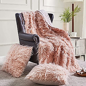 BYTIDE Mongolian Long Hair Faux Fur 50" x 60" Plush Throw Blankets with Two 20" x 20" Pillow Covers (NO Inserts) 3 Piece Set, Soft Luxury Furry Shaggy Throw with Micromink Back for Couch Bed, Pink