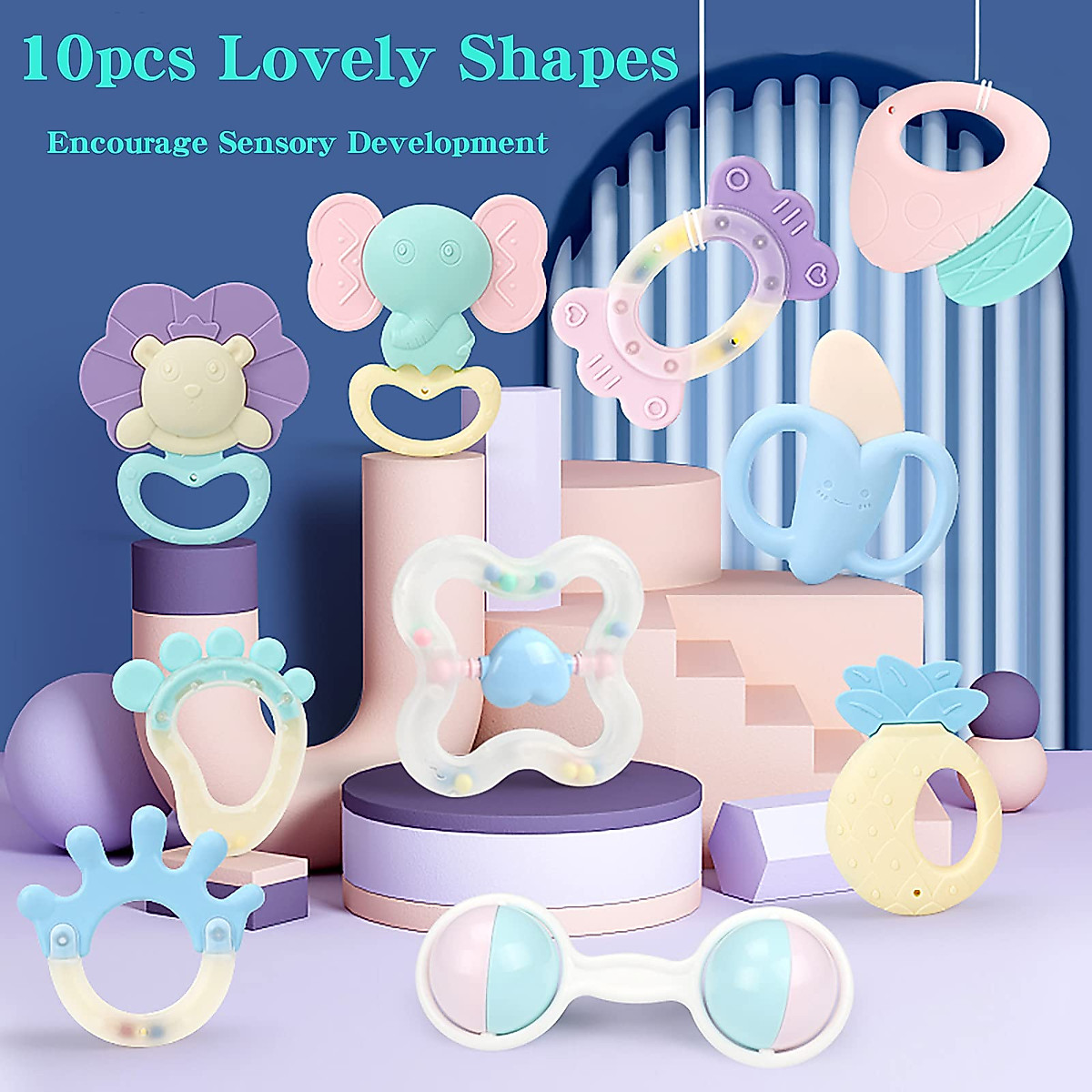 DOUBFIVSY Baby Rattle Teething Toys for Babies 0-6-12 Months, 10PCS Grab Spin Rattle Shaker Early Educational Toys with Storage Box, Soothing Teether, Baby Toys 6 to 12 Months Infant Newborn Baby Gift