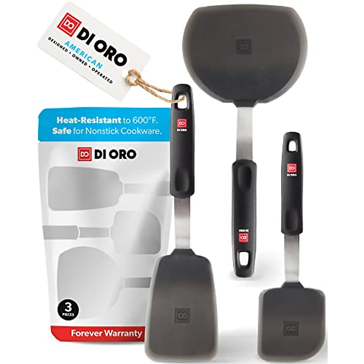 DI ORO Silicone Turner Spatula Set - Kitchen Spatulas for Nonstick Cookware - Flexible & Thin Cooking Turners for Flipping Pancakes & Eggs - 600°F Heat-Resistant & BPA Free - Dishwasher Safe (Black)