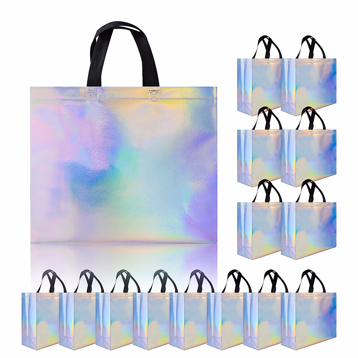 cabzymx Iridescent Glossy Gift Bags 15 pcs, 12.6x4.7x11 In Non-woven Reusable Goodie Bags Bulk, with Black Handles & Sturdy Base, Christmas Gift Bags for Birthday, Wedding, Easter, Holiday Party