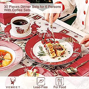 VEWEET Christmas Dinner Set for 6, 30 Piece Ceramic Christmas Dishes, Christmas Deer Plate Sets with Dinner Plate, Dessert Plate, Soup Plate, Cup, Saucer, Service for 6, Christmas Deer Series