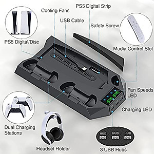 CYKOARMOR PS5 Stand with Cooling Station and Dual Controller Charging Station for PS5 Digital Edition, PS5 Disc Version, PS5 Cooling Fan with Headset Holder and 3 Adjustable Fan Speeds Black