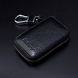 Buffway Car Key case,Genuine Leather Car Key Chain Keychain Holder Metal Hook and Keyring Zipper Bag for Remote Key Fob - Black