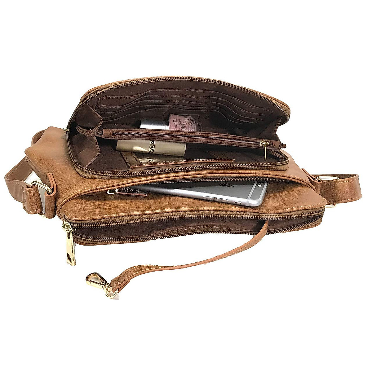 Zzfab Small Multi-pocket Faux Soft Leather Cross Body Purse with Side Organizer Brown