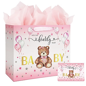 13" Large Baby Shower Birthday Gift Bag for Girl with Tissue Papers and Card Pink Balloons Bear Design with Handles