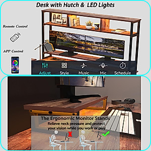 SZXKT L Shaped Desk with Drawers,Corner Desk with Storage,Gaming Desk with Power Outlet,L Desks for Home Office with Monitor Stand and LED Lights, Desk with Shelves and Bookshelf,Rustic Brown