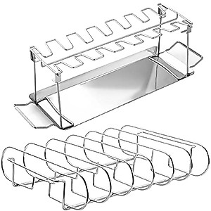 Chicken Leg Rack for Grill with Dip Tray and Large Rib Rack for Smoking Bundle - High Grade Stainless Steel - Easy to Use and Clean