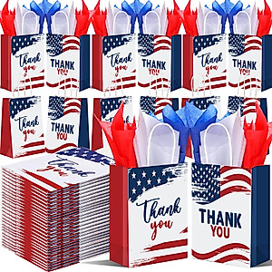 Ctosree 100 Pcs Veterans Thank You Gifts Bag 105 Pcs Red Blue White Tissue Paper 4th of July Bags with Handles American Flag Paper Treat Goodie Bag for Patriotic Memorial Day Independence Day Party