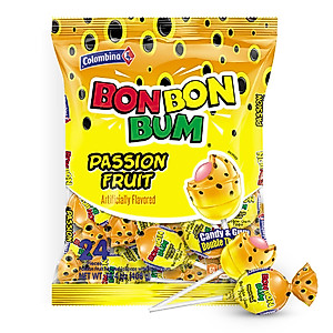 Colombina Bon Bon Bum Lollipops w/Bubble Gum Center, Passion Fruit Flavor, Individually Wrapped, Ideal for Party Favors and Gifts, 1 Pack (24 Count)