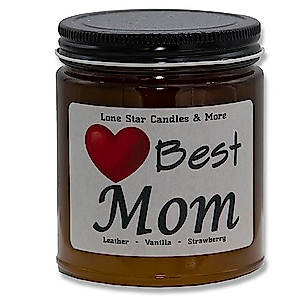Leather & Lace Best Mom Gift Candle Lone Star Candles & More's Hand Poured 100 Percent Soy Wax Candles, Leather mixed with Creamy Vanilla, USA Made in Texas, Round Amber Glass Jars 9oz Mom