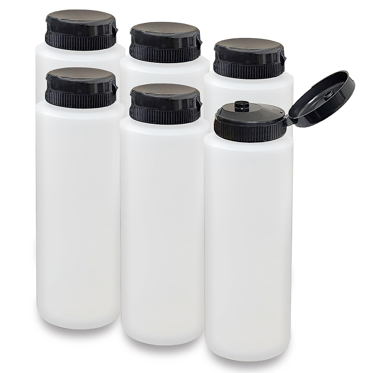 ljdeals 6 Pack 8 oz Plastic Squeeze bottles with Black Flip Top Caps, Wide Mouth for Condiment, Sauces, Multi Purpose, Refillable, Empty Bottles, BPA Free, Made in USA