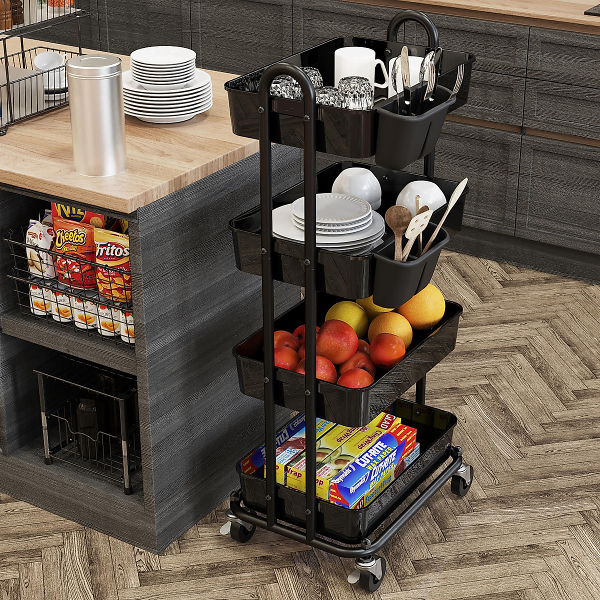Simple Houseware 4-Tier Multifunctional Rolling Utility Cart with Hanging Buckets, Black