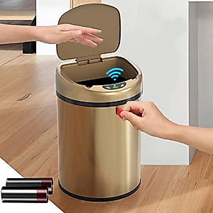 Smart Trash Can 3.5 Gallon Stainless Steel Garbage Can with Automatic Packaging Function, Touchless Trash Can, Intelligent Induction Trash Bin for for Bathroom Kitchen Office(Champagne Gold)