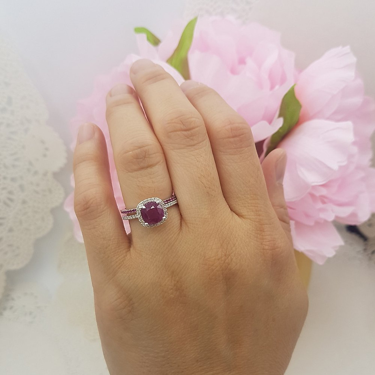 Dazzlingrock Collection Cushion & Round Ruby & Round White Diamond Wedding Ring Set in 18K White Gold, Size 4.5