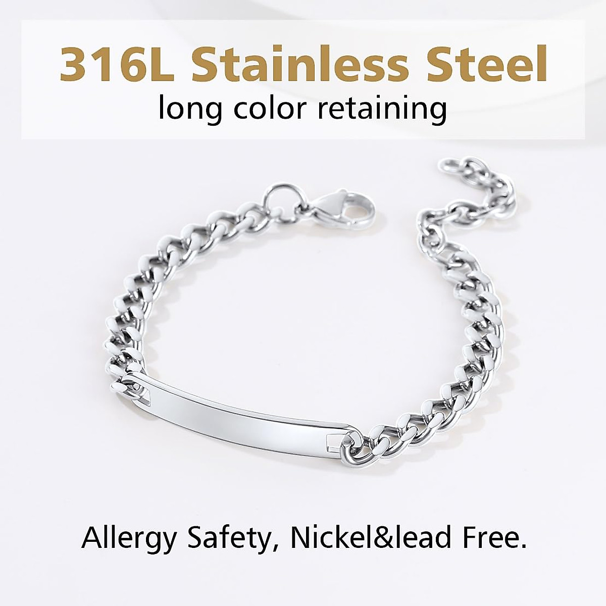 FindChic Custom ID Bar Bracelets for Men Women Stainless Steel Chunky Cuban Link Chain 7inch Wrist Links Inspiration Bracelets Couples Name Plate Matching Bangles Jewelry Gift