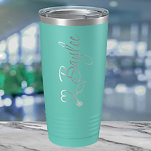Personalized Heart Stethoscope Nurse, RN, LPN, CNA, CMA, MA Laser Engraved on Seafoam 20 oz Stainless Steel Tumbler with Lid - Insulated Cup - Travel Mug