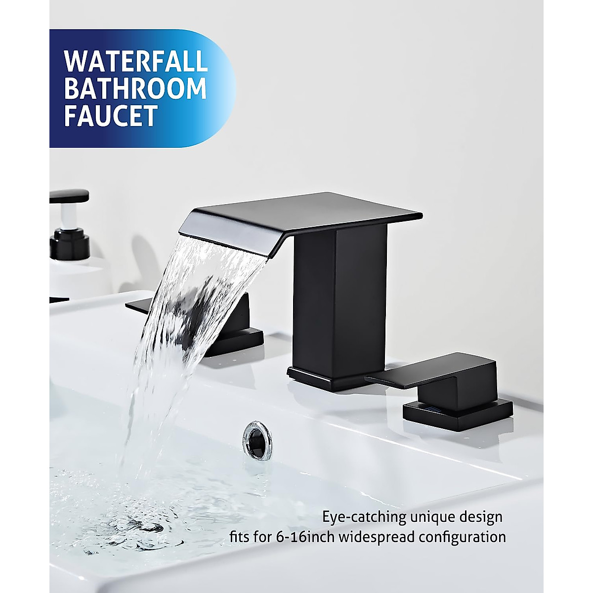 Sankecao Bathroom Sink Faucet Black - Bathroom Faucets for Sink 3 Hole Waterfall Bathroom Faucet with Metal Pop-up Sink Drain Stopper and 2 Supply Hoses…