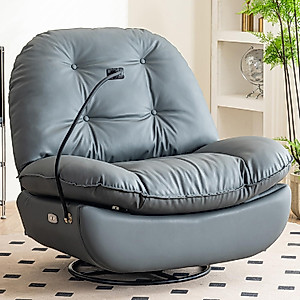 HAIZAO Oversized Recliner Sofa Swivel Rocking Chair Smart Electric Rocker Theater Recliner Chair Lazy Boy Glider with Charging Ports, Stereo Sound, Cellphone Holder and Pillow (Grey, Leather)