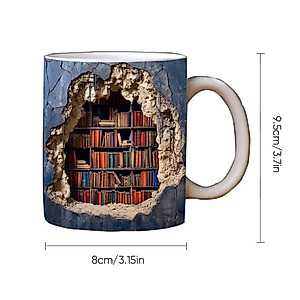 Atlodas Bookworm Mug, Creative 3D Print Bookshelf Mug, Personalise Space Design Multi-Purpose Ceramic Mug, Perfect for Gifting to Book Lovers (A)