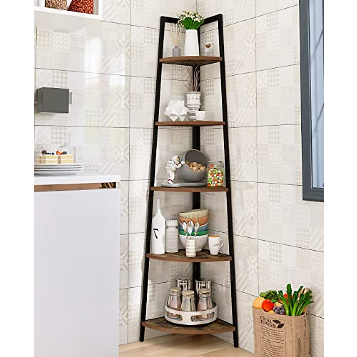 Pshelfy 5-Tier Corner Shelf, Rustic Corner Bookshelf Bookcase Multipurpose Corner Ladder Shelf Plant Stand for Living Room, Kitchen, Home Office Small Space (Brown)