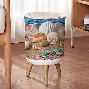 Small Trash Can with Lid for Bathroom Kitchen Office Diaper decoration Seashells shell a sea urchin a beach sand are decorated Bedroom Garbage Trash Bin Dog Proof Waste Basket Cute Decorative