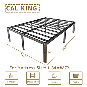 HOBINCHE 14 Inch Metal California King Size Bed Frame No Box Spring Needed - Easy Assembly Heavy Duty Noise Free Bedframes - Double Black Basic Steel Slats Platform with Storage