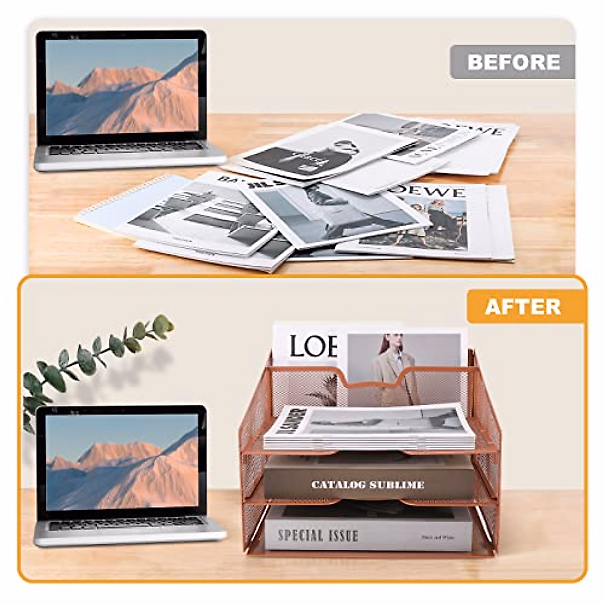 Meshist Rose Gold Desk Accessories Organizer, Desktop File Organzier with 3 Letter Trays and 1 Upright Section, Paper Organizer for Home and Office