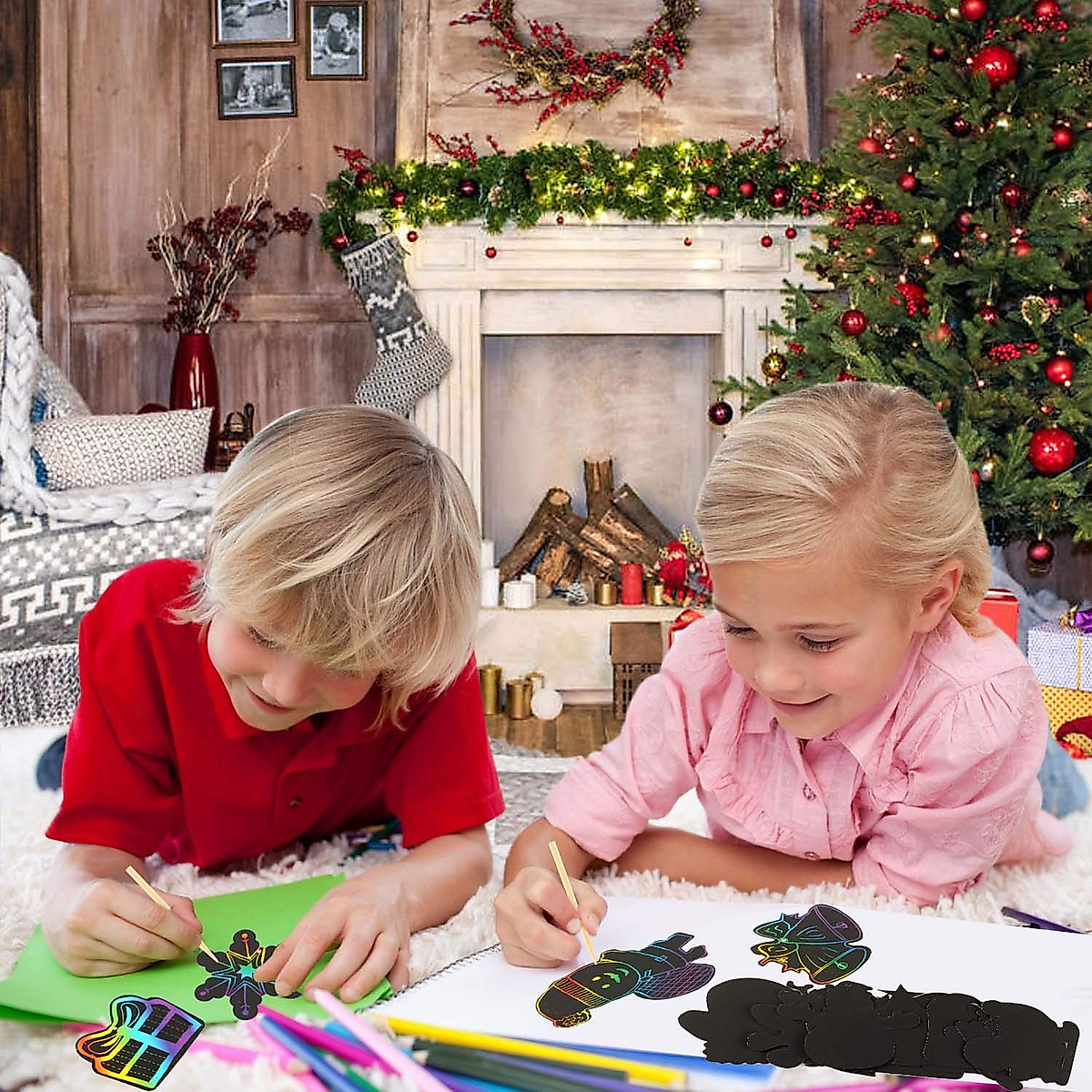 ACEHOOD 48 Sets Christmas Rainbow Scratch Paper Ornaments Kids Art Craft DIY Xmas Ornaments Christmas Party Decorations for Kids