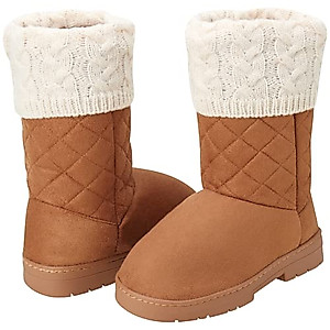 bebe Girls' Winter Boots - Quilted Woven Knit Winter Boots with Turn Cuff Sock Lining (Toddler/Girl), Size 2 Little Kid, Cognac