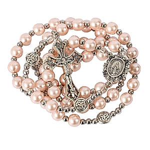 Nazareth Store Pink Beads Rosary Necklace Strong Pearl Beaded Catholic Rosary with Our Lady of Graces Medal and Cross