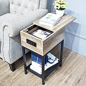 Nightstand with Charging Station USB Outlet, Narrow End Table with Storage Open Shelf, Couch Side Table Slide Top, Wood & Metal Modern Nightstand with Drawer for Bedroom Living Room Dorm, Light Brown