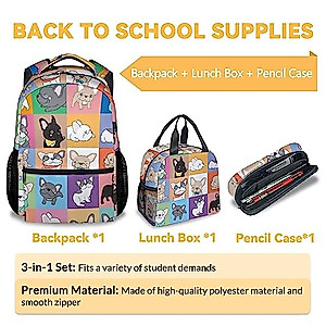 CUSPCOD French Bulldog Backpack with Lunch Box And Pencil Case for Girls Boys, 16 Inch School Bookbag with Adjustable Straps, Travel Bag Durable, Lightweight, Large Capacity