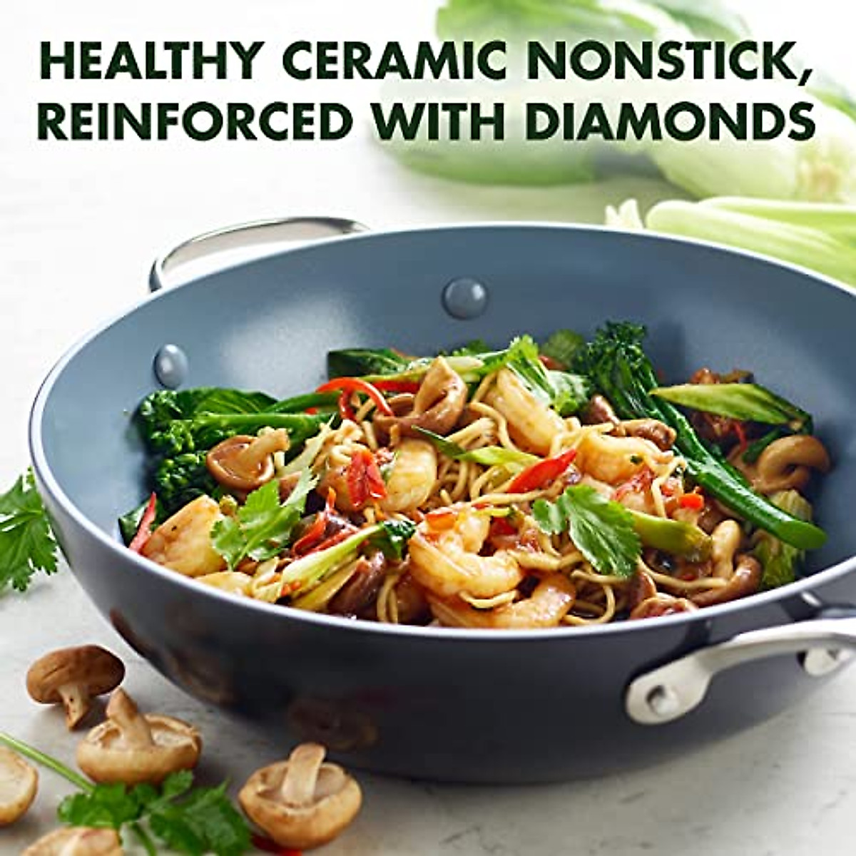 GreenPan Valencia Pro Hard Anodized Healthy Ceramic Nonstick 12" Wok, PFAS-Free, Induction, Dishwasher Safe, Oven Safe, Gray