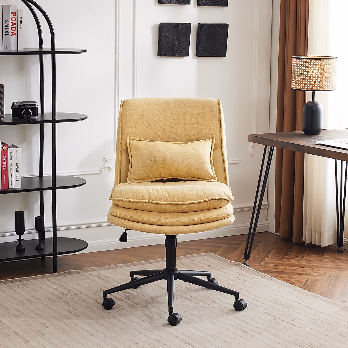 Bonnlo Criss Cross Chair with Wheels,18” Height Adjustable Full Back, Comfy Wide Armless Office Desk Chair,Swivel Cute Vanity Home Chair, Home Chair for Make up,Living Room, Fabric,Yellow