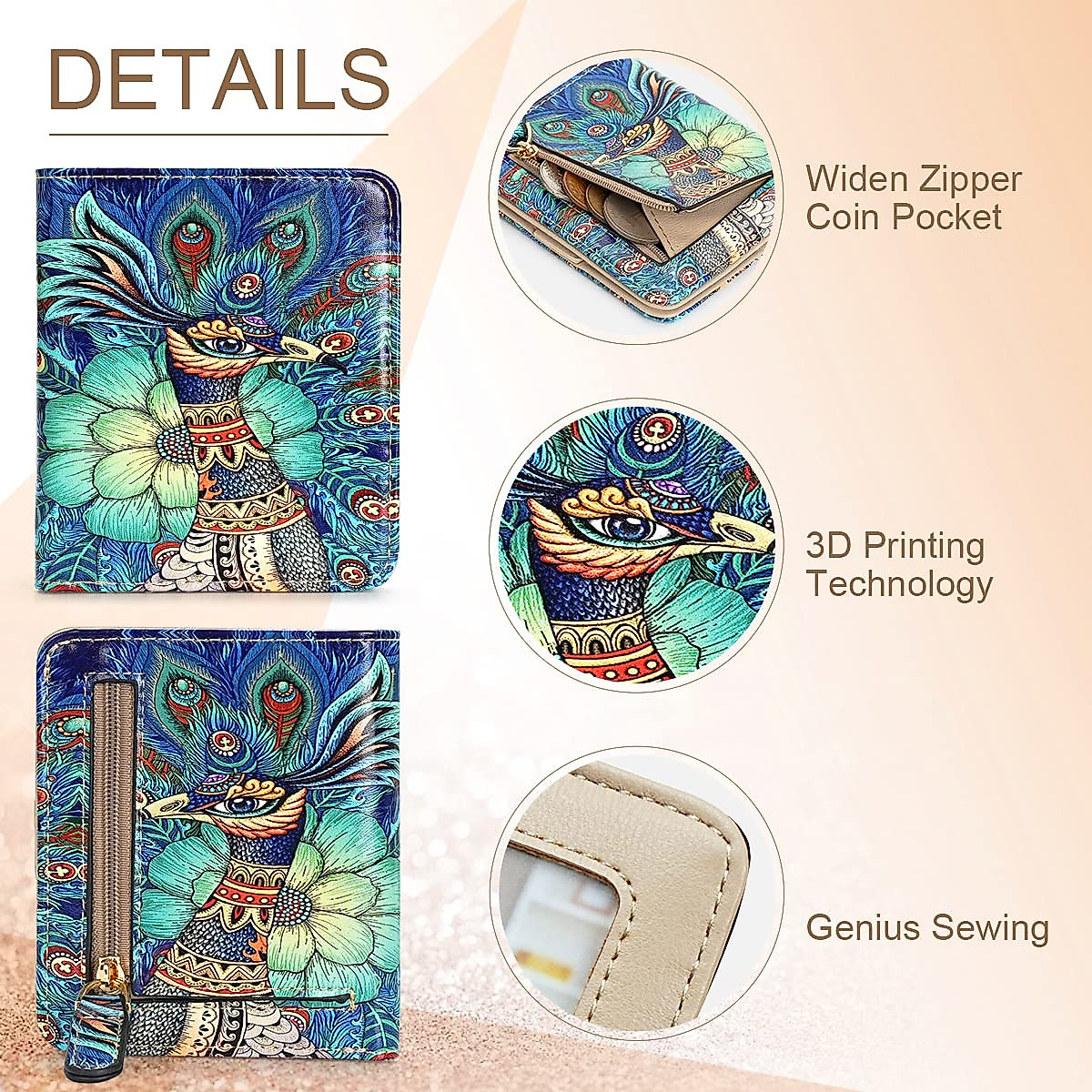 APHISON Womens Wallet, Slim Small Wallet for Women RFID Wallet Women Cartoon Microfiber Leather with ID Credit Card Holder Zipper Coin Pocket Bifold Compact Wallet Peacock