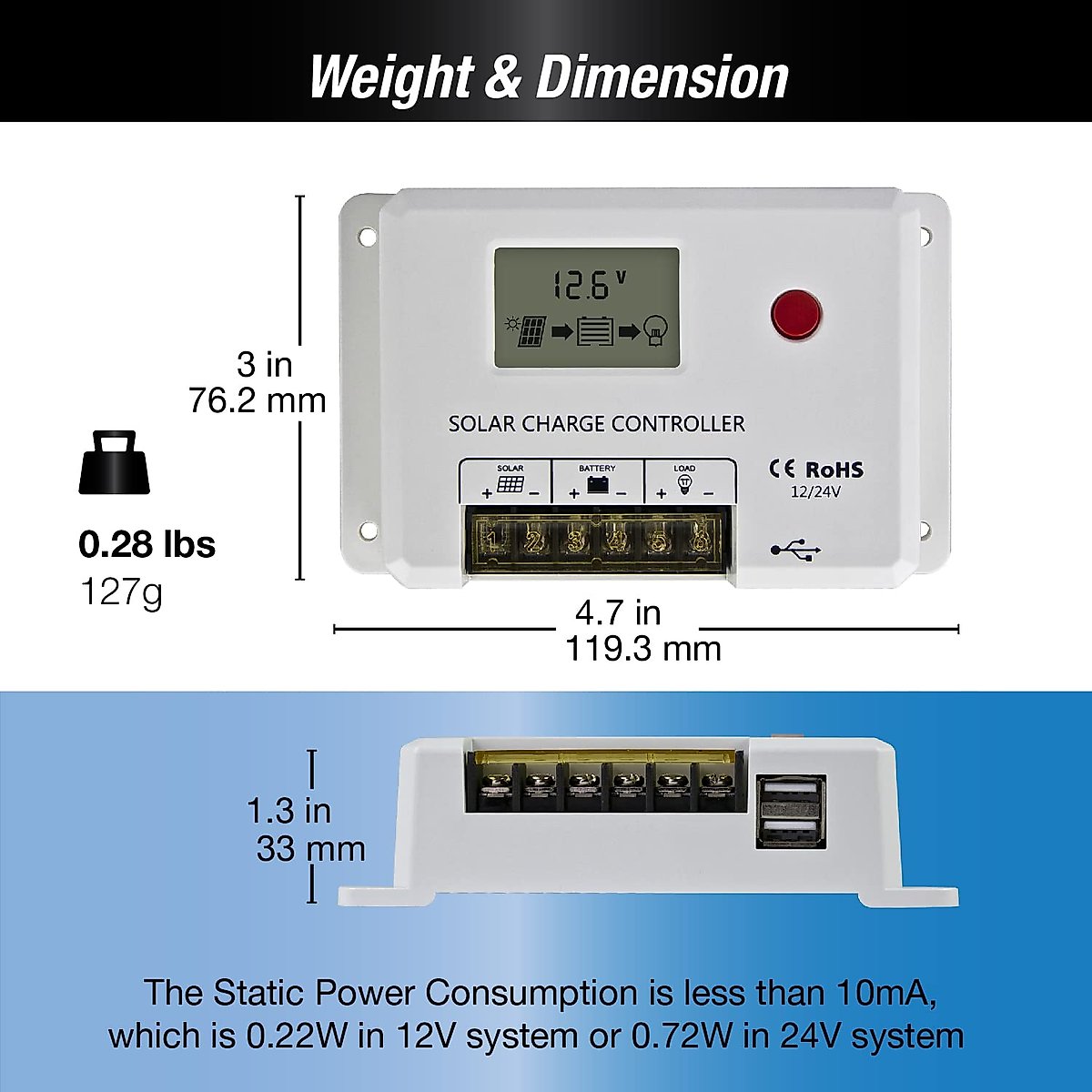 ExpertPower 10A 12/24V Intelligent PWM Solar Charge Controller with Adjustable Parameter LCD Display, Dual USB Ports, for AGM, Gel, LiFePO4