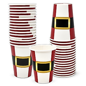 50 Disposable Christmas Santa Belt Cups 9 Oz. Xmas Red & Black Santa's Belts Design Drinking Paper Cup Winter Beverage Drink Dinnerware for Festive Holiday Tableware Party Supplies Decorations