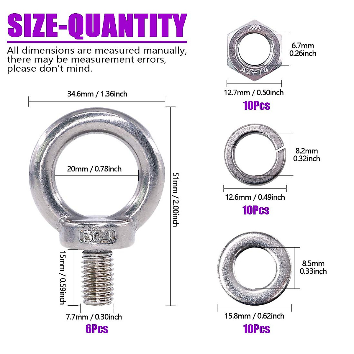 36Pcs 304 Stainless Steel M8 Male Thread Lifting Ring Eye Bolt Kit, Including 6Pcs M8 Eye Bolt with 10Pcs Lock Nuts, 10Pcs Lock Washers and 10Pcs Flat Washers