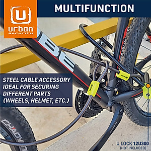 URBAN UR462L Bicycle Security Cable Braided Steel ø0.39in, 6.5ft Long, Lightweight, Double Loop, Anti-Theft Cable Locking Motorcycle Helmet Protection, Wheels, Bags, Scooter, Electric Bike, Ebike