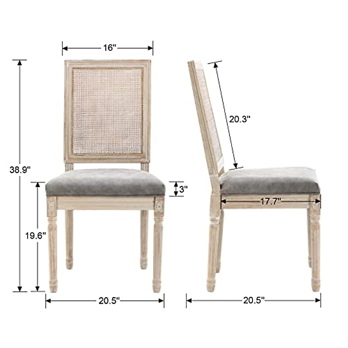 chairus Farmhouse Rattan Dining Chairs Set of 6, Leather French Country Chairs with Square Back, Rustic Wood Legs Side Chairs for Kitchen/Restaurant/Dining Room/Living Room, Grey - 6 PCS