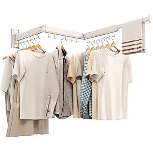 CHAHUANV Clothes Drying Rack,Laundry Drying Rack, Drying Rack Wall Mount,Wall Mounted Clothes Rack,Drying Rack Clothing,Retractable Laundry Rack for Hanging Clothes,Collapsible,Foldable,White-Hooks