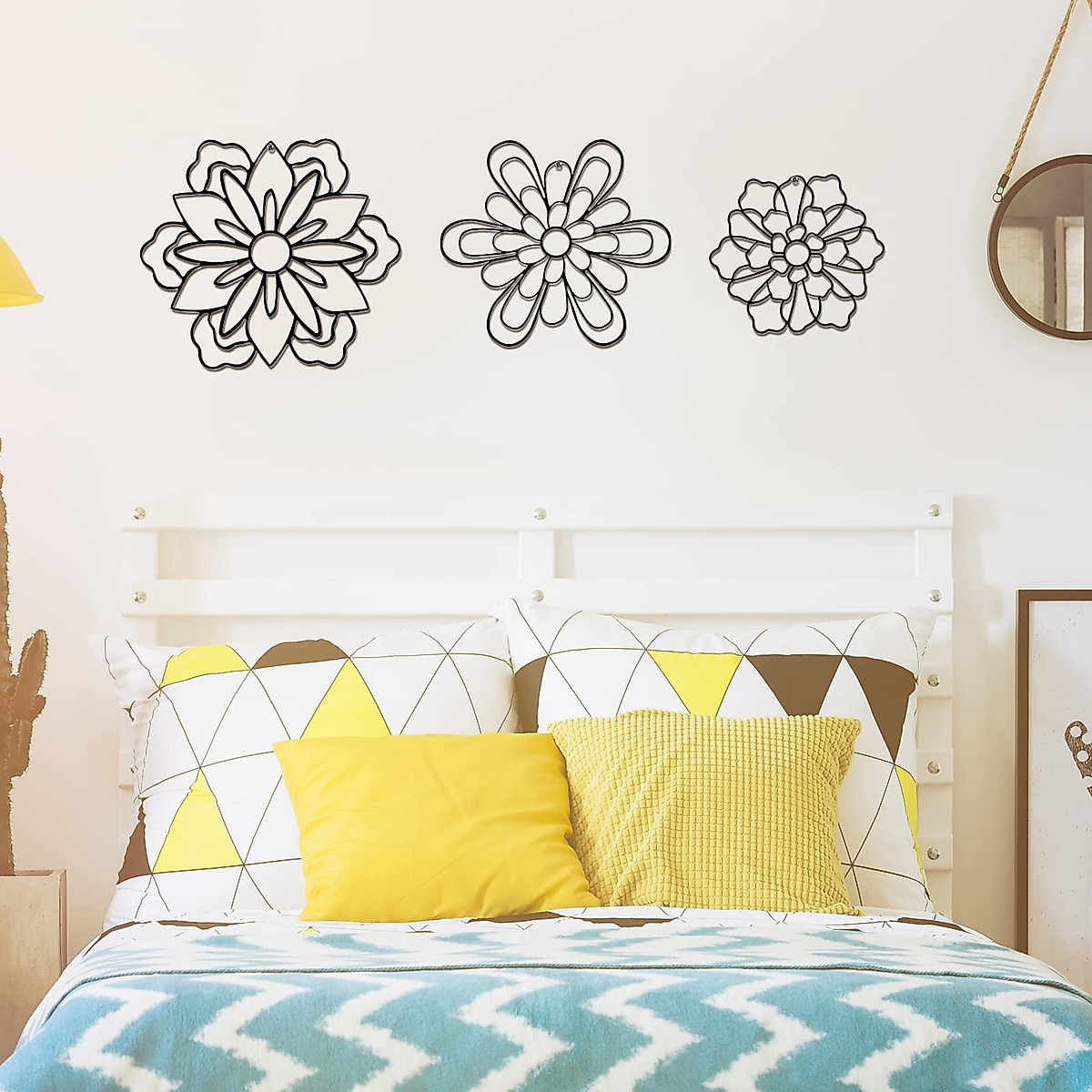 3 Pieces Metal Flower Wall Decor Rustic Galvanized Metal Flower Hanging Metal Flower Wall Art Wire Outline Wall Flowers Decor for Home Bedroom Bathroom Kitchen Garden Wall Art (3 Styles)