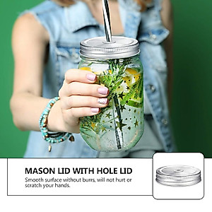 2pcs Mason Jar Straw Lids 3.3in Sealing Lid with Hole Stainless Steel Perforated Cover Secure Jar Caps Leak Proof Canning Cap Drinking Jar Cover