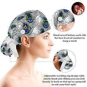 Nurse Scrub Caps,Scrub Hats with Buttons and Cotton Sweatband,Peacock Feather