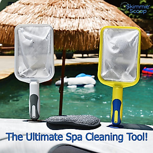 The Skimmie Scoop - Patented Handheld Skimmer with Fine Mesh Net for Spa, Hot Tub, Cold Plunge and Small Pool Cleaning - Lightweight and Durable with Powerful Suction Cup - Clean Out Filter (Yellow)