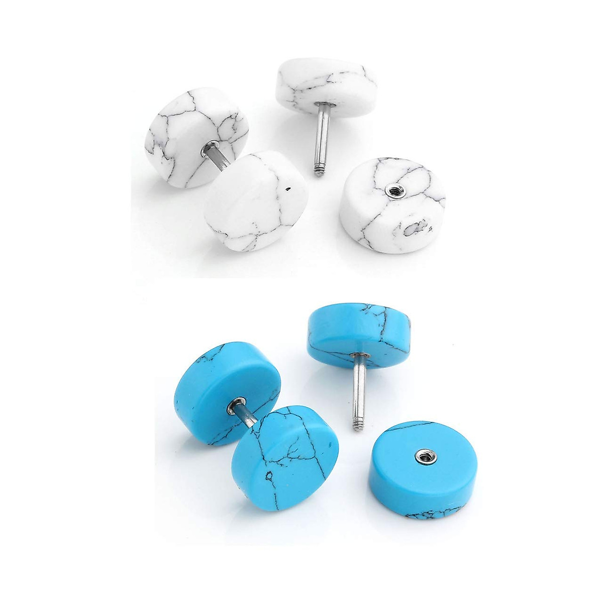 JOVIVI 8 Pairs 18G/16G Wood Faux Gauges Earrings For Men Women Punk Stainless Steel Turquoise Barbell Stud Earrings Fake Flesh Ear Tunnels Expander Plugs 00G Gauge Look