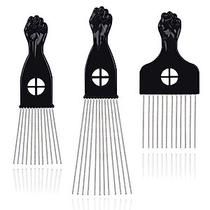 LEADUWAY 3 Pcs Hair Pick, Metal Picks for Afro Hair, Hair Picks for Women and Men, Afro Combs, Fist Pick for Hair, Hair Comb for Hair Styling Black
