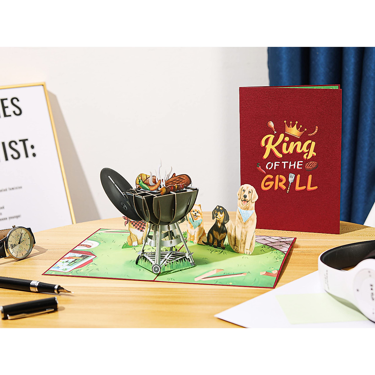 Liif King Of Grill Fathers Day Card, 3D Funny Fathers Day Pop Up Card, Funny Birthday Card For Dad, Men, Husband, Chef, Him, Grandfather, Dog Dad | With Message Note & Envelop (King Of Grill)